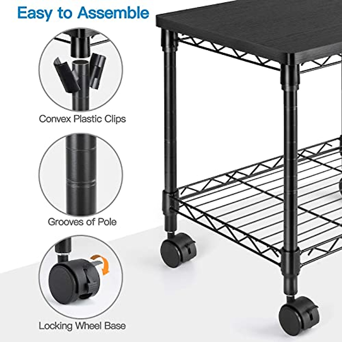 HUANUO Under Desk Printer Stand, 2 Tier Printer Cart for Storage, Mobile Printer Table with Swivel Wheels, Holds up to 100lbs, Perfect Desk Organizer Shelf for Home & Office, HNPS02