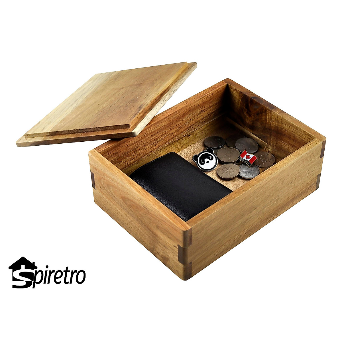 Spiretro Wooden Storage Box with Lid, Stash Box, Keepsake Chest to Organize Jewelry, Coins, Cards, Small Treasure, Handmade Natural Acacia Decorative Crate, Brown- 8 x 6 x 3 inches
