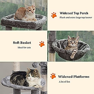SYANDLVY Small Cat Tree for Indoor Cats, Modern Cat Tower with Scratching Post for Kittens, Climbing Stand with Basket & Hanging Ball for Play Rest