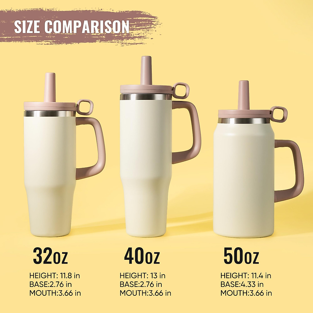 40oz Tumbler, Insulated Stainless Steel Water Bottle with Straw, Cover Cap, Leak Proof Travel Tumbler with Handle, BPA-Free, Cupholder Friendly, Gifts for Women & Men, Khaki