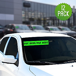 Versa Tags Windshield Slogan Stickers 12 Pack Each of Save, Down, Cash, Buy HERE Pay HERE, 4X4 (60) Window Stickers Total Dealership Stickers Black On Green