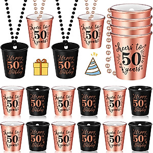 Uiifan 12 Pieces 40th 50th 60th Shot Glasses Necklace Birthday Plastic Cups Necklace on Beaded for Birthday Party Anniversary Supplies, Black and Rose Gold(50th)