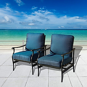 Festival Depot Patio Set of 2 Dining Chairs with Thick Cushions Metal Frame Outdoor Furniture for Bistro Deck Garden (Blue)