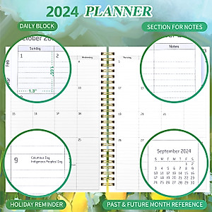 2024 Planner, Daily Weekly Monthly Planner with Tabs, 8.5" x 6.4", Hardcover, Elastic Closure, Inner Pocket, Floral Agenda Organizer & Calendar Jan 2024 to Dec 2024, Green Flower