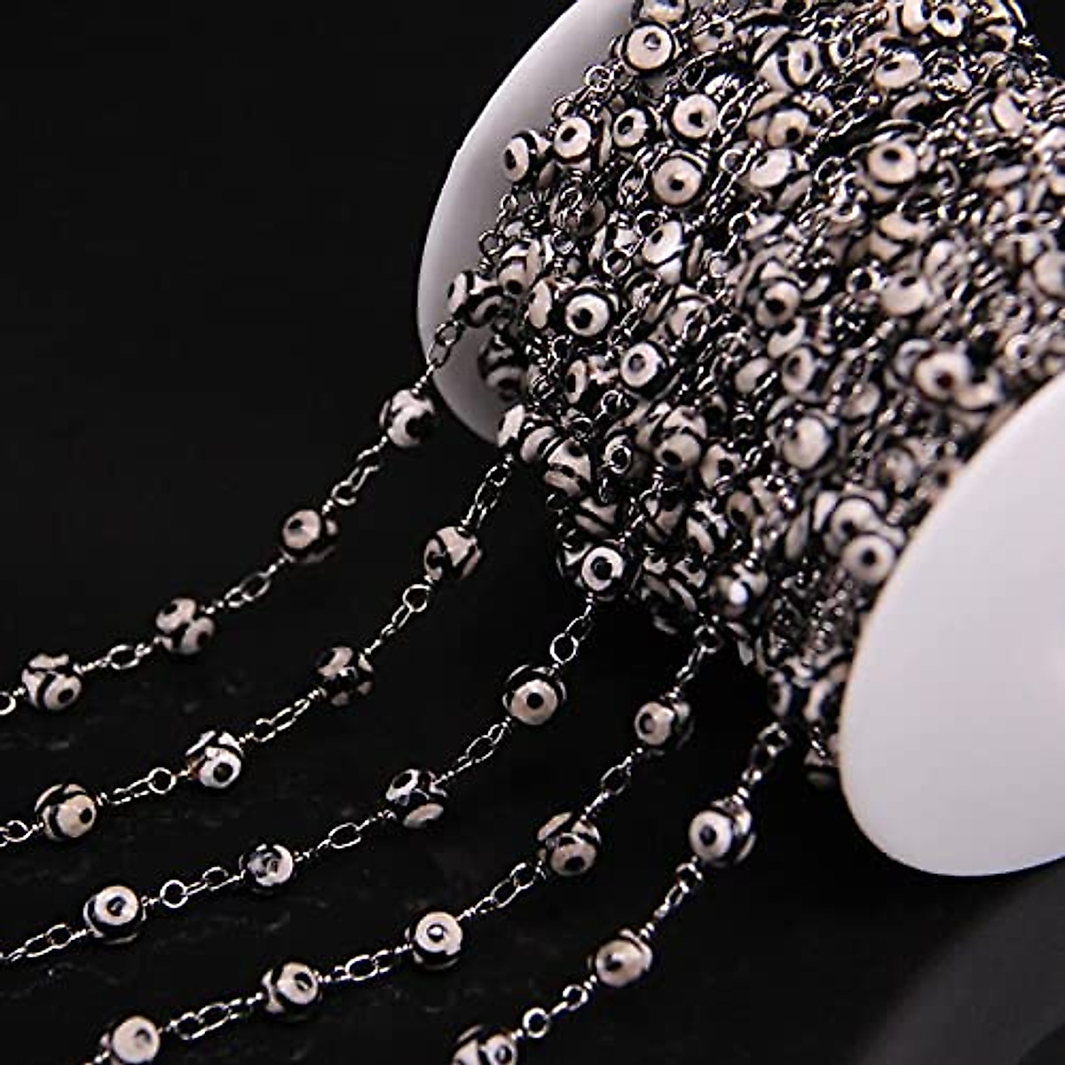 5Meter/lot,6mm Eyes Dzi Agates Faceted Round Beads Chain,Black White Agates Gun Black Plated Wire Wrapped Rosary Chains