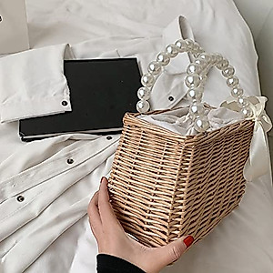 LIUZH Lace Purses Handbags Women Summer Rattan Handmade Tote Bags Ladies Ribbons Beach Basket Bag Pearl Beads