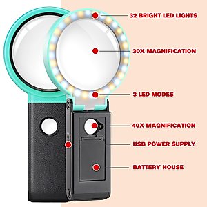 Dicfeos 30X 40X Magnifying Glass with Light and Stand, Non-Rechargeable, Folding Design 32 LED Illuminated Magnifying Glass for Close Work, Powered by Battery or USB(Green)