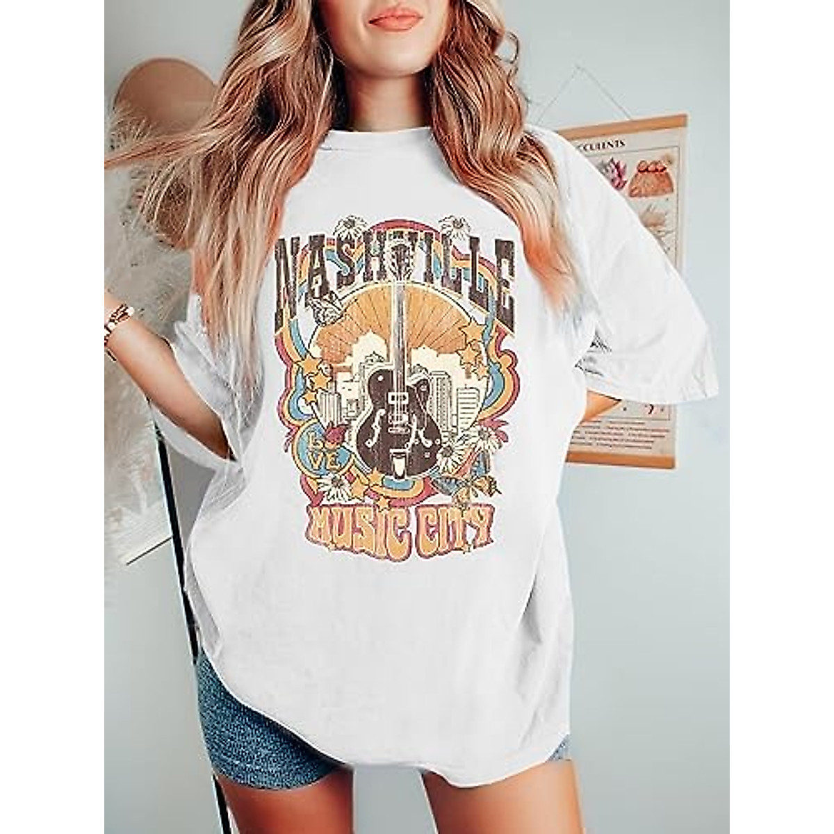 GEMLON Womens Nashville Shirts Country Music Summer Tshirts Oversized Graphic Short Sleeve Tees for Women Teen Girls White S