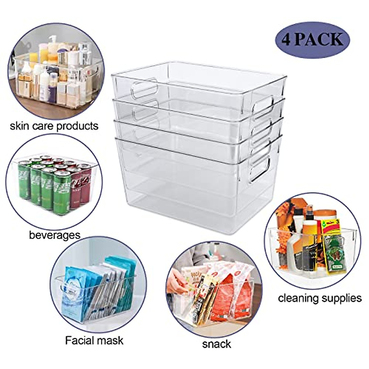 Clear Plastic Storage Bins Pantry Organizer Bins for Kitchen Refrigerator Fridge Cabinet Freezer Bathrooms Acrylic Organizers Storage Bins, Clear Bins with Cutout Handles(4 Pack)