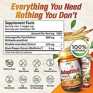 LABO Nutrition AdaptWell Ashwagandha Root Extract >7% withanolides (35mg), Rhodiola Rosea Extract >5% rosavins & Bioperine, for Relax, Adrenal, Immune & Thyroid Support, 90 Counts