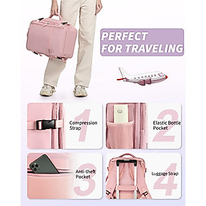 FALARK INC Travel Backpack For Women, 35L Carry On Backpack Flight Approved, Waterproof Personal Item Travel Bag Suitcase Backpack With USB Hole For Weekender, Traveling, Pink