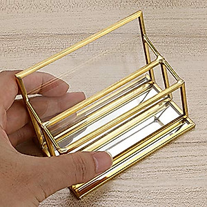 Hipiwe 2 Slots Glass Business Card Holder Stand - Gold Metal Frame Name Card Display Stand Business Name Card Organizer for Office Tabletop,Fits 80-100 Business Cards