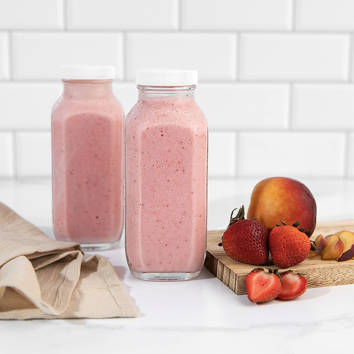 kitchentoolz 16oz Square Glass Milk Bottle with Plastic Airtight Lids - Vintage Reusable Dairy Drinking Jars Containers for Milk, Yogurt, Smoothies, Kefir, Kombucha, and Water- Pack of 2