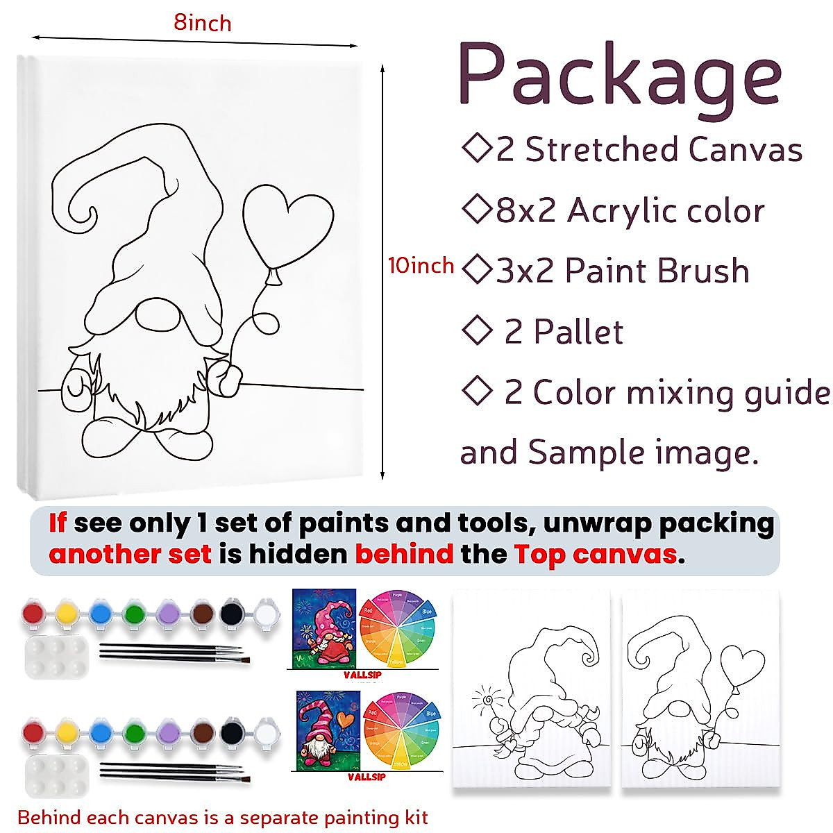 VALLSIP 2 Pack Paint and Sip Canvas Painting Kit Pre Drawn Canvas for Painting for adults Stretched Canvas Couples Games Date Night Anniversary Gifts Couple Paint Party Supplies Favor(8x10)