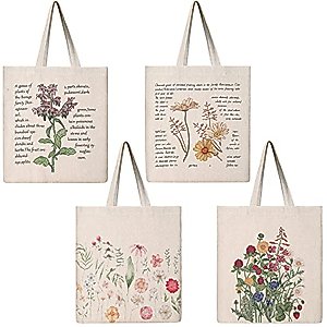4 Pieces Canvas Tote Bag Flowers Shopping Bag Gift Beautiful Floral Tote Bag Aesthetic Reusable Grocery Shopping Bag Trendy School Tote Book Lover Tote Gift Makeup Bags for Girls Women Girlfriend