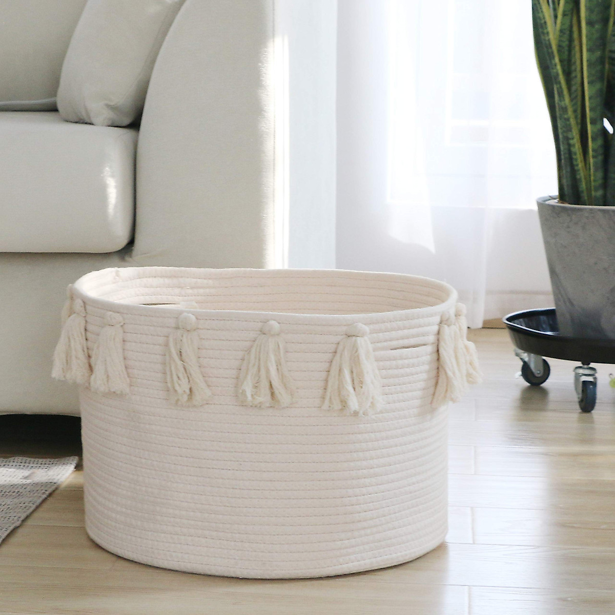 ABETREE Tassel Woven Storage Laundry Basket 17.7" x 11.8" with Handle Cotton Hamper Nursery Basket Blanket Baby Toy Storage Organizer