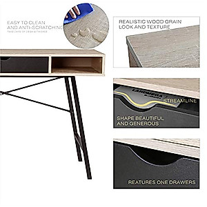 JJS 48" Home Office Writing Desk with Drawers, Modern Computer Study Wooden Desk Table Laptop PC Workstation with Storage, Mid Century Black