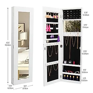 Mind Reader Jewelry Organizer, Full Length Mirror, Jewelry Armoire, Storage, Wall Mount, Wood, 12.5" L x 3.5" W x 43.5" H, White