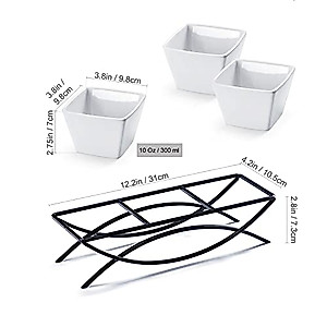 UNICASA Square Ramekin Bowls 10 oz, Condiment Serving Tray with Metal Rack Stand - Chips and Dips Snack Tray for Party - White Side Dish for Appetizer, Fruit, Nuts, Ice Cream, Candy