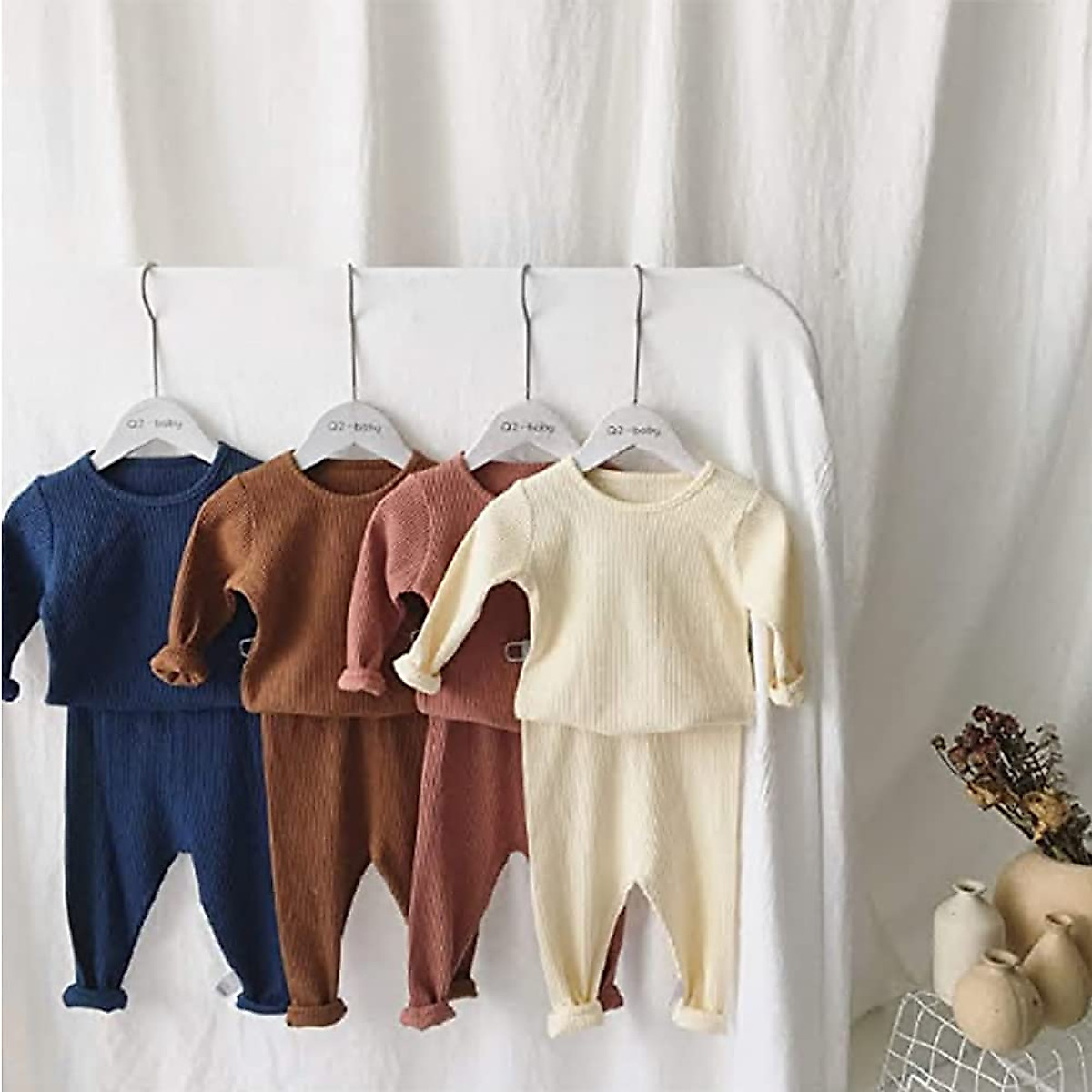 Baby Boys Girls Organic Soft Comfy Cotton Fall Winter Clothes Pants 2-Piece Pajama Set Solid Color Outfit (Brown, 12-18 Months(Size 80))