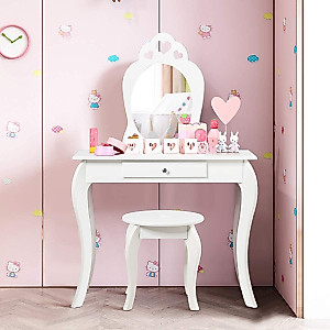 HONEY JOY Kids Vanity Set with Mirror, Toddler Wooden Vanity Table with Stool & Drawer, Removable Top, Princess Pretend Play Beauty Makeup Dressing Table Playset for Little Girls(White)