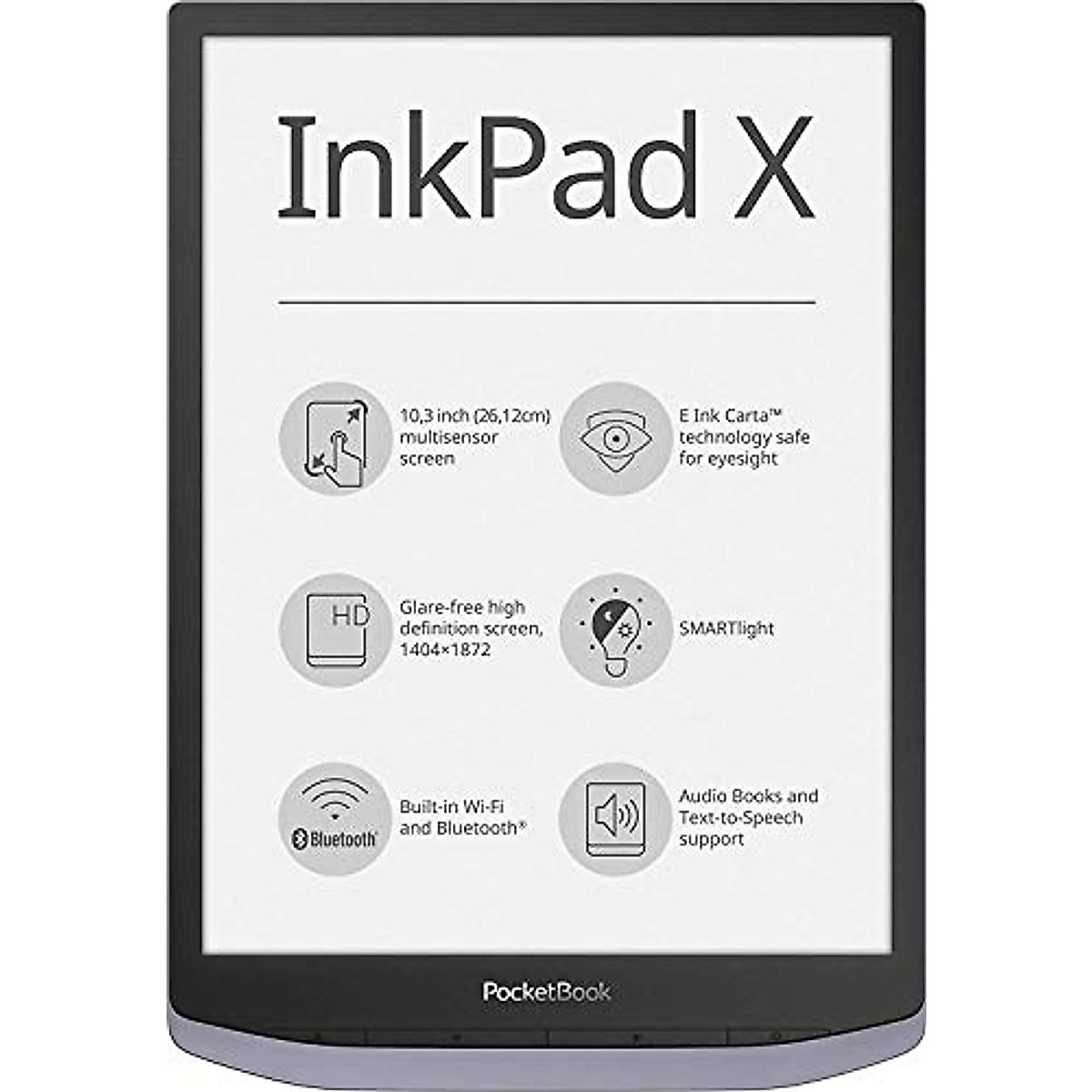 PocketBook InkPad X | E-Book Reader | Large E Ink Screen 10.3ʺ E-Reader | Glare-Free & Eye-Friendly | Adjustable SMARTlight | Text-to-Speech Function | Audio Output and Bluetooth | Audiobooks