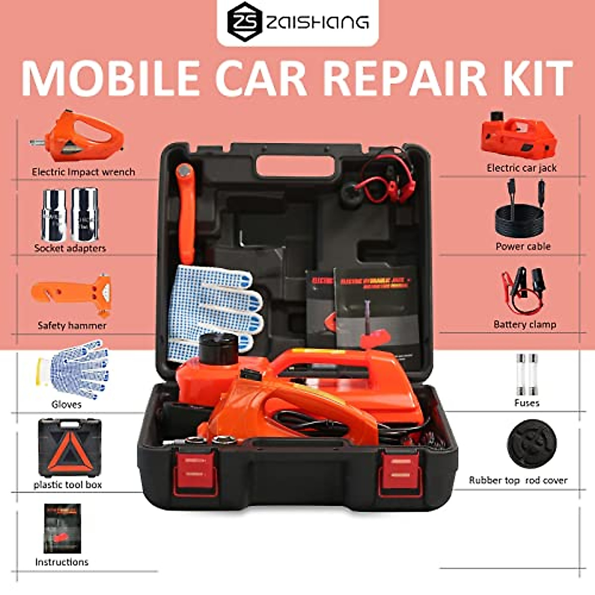 ZAISHANG Electric Car Jack 5T Hydraulic Floor Jack DC 12V Car Jack Kit with Electric Impact Wrench, Car Lift Emergency Tire Change