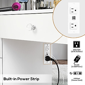 SMOOL Vanity with Lighted Mirror, Makeup Vanity Desk with Power Outlet and LED Bulbs, 3 Color Lighting Modes Adjustable Brightness, 7 Drawers Vanity Table with Cushioned Stool for Women Girls, 44'' L