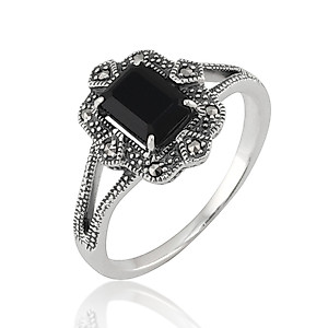 925 Sterling Silver Art Deco Black Spinel & Marcasite Ring