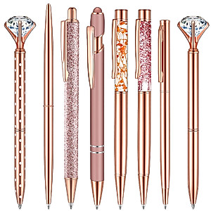 Supervitae 8 Pcs Rose Gold Ballpoint Pen Set Liquid Sand Glitter Metal Crystal Diamond Pen Girly Black Ink Pen Gifts for Wedding Office Desk Supplies