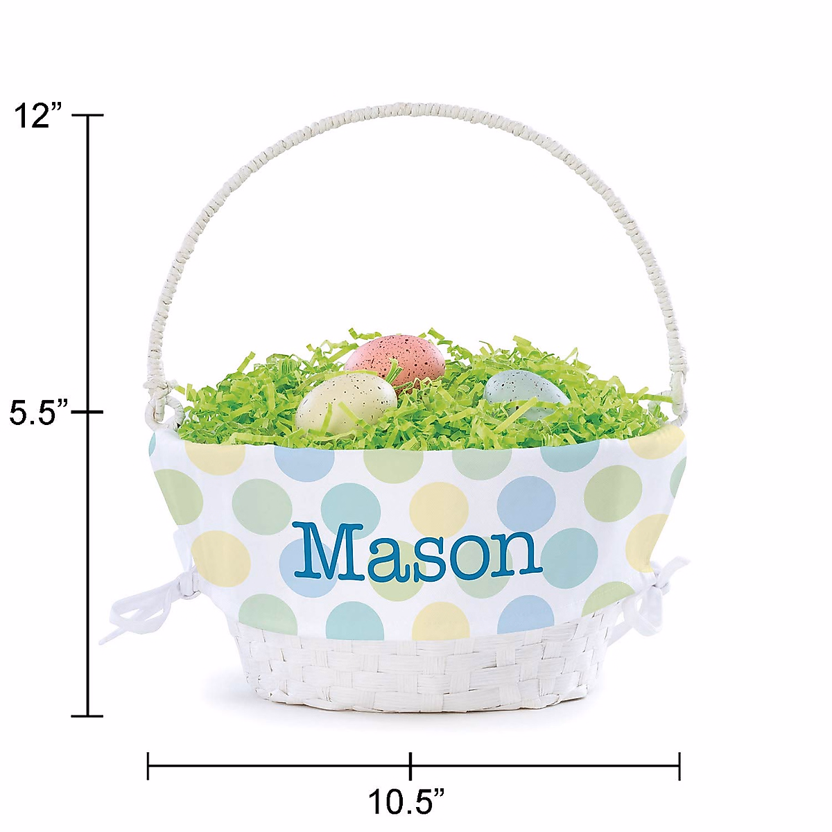 Personalized Easter Egg Basket For Him with Handle and Custom Name | Polka Dot Easter Basket Liners | White Basket | Woven Easter Baskets for Kids | Customized Easter Basket | Gift for Easter