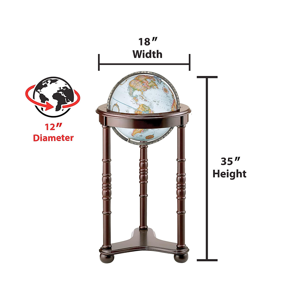 World globe with floor stand, USA Cartography with with Mountain Relief, Cherry Finsihed Hardwood Stand and Blue Ocean Globe Ball. The Lancaster Floor Globe from Replogle Globes is an enduring, classic piece. Standing at nearly three feet tall, the Lancas