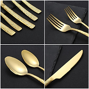 20-Piece Gold Silverware Set, Heavy Duty Hammered 18/10 Stainless Steel Flatware Set for 4, Food-Grade Cutlery Set, Tableware Set Including Fork Knife Spoon Set,Dishwasher Safe