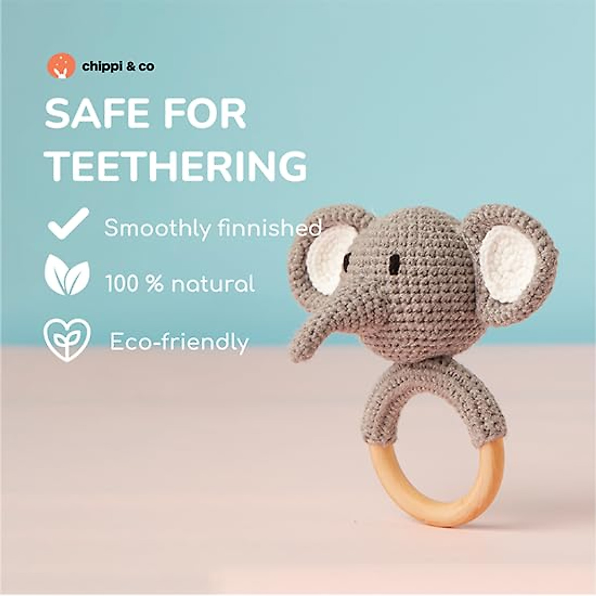 Chippi & Co Wooden Crochet Baby Rattle, Crochet Toys Stuffed Animals Easter Gifts for Kids, Wooden Newborn Toys, Easter Basket Stuffers, Basket Filler, Baby Shower Decor (Eddy The Elephant)