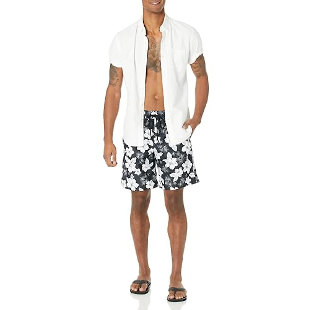 Amazon Essentials Men's 9" Quick-Dry Swim Trunk, Black Hibiscus Flower, XX-Large