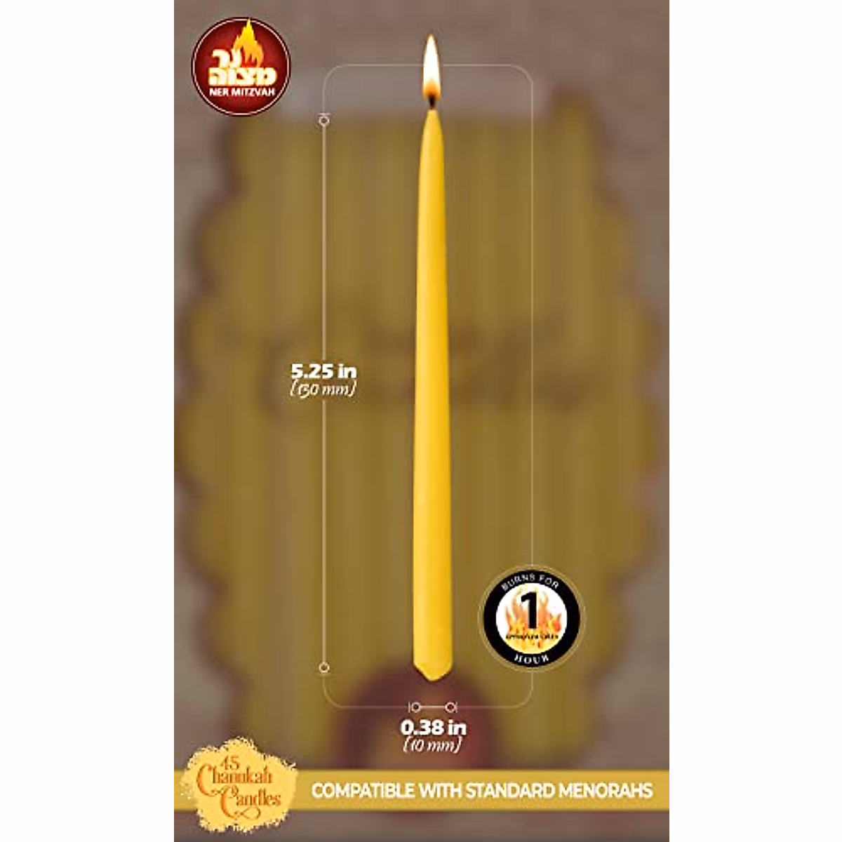 Beeswax Chanukah Candles Standard Size Fits Most Menorahs - Yellow Beeswax Hanukkah Candles - Premium Quality Pure Bees Wax - 45 Count for All 8 Nights of Hanukkah - by Ner Mitzvah