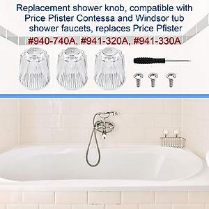 Gosknor 3 Piece Shower Knob Replacement, Clear Acrylic Faucet Handles Hot/Cold/Diverter Bathtub Knobs Bathroom Faucet Knobs Compatible with Price Pfister Contessa and Windsor, with Screwdriver