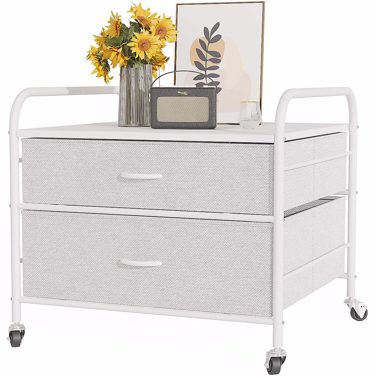 Alavoco 2 Drawer Dresser, 120LBS Fabric Storage Tower, 2 Drawer Storage Cart, Mini Fridge Stand with Storage, Metal Frame Iron Top, 4 Swivel Wheels for Home Kitchen, White
