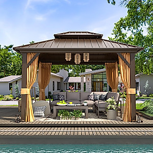 MELLCOM 10'x12' Hardtop Gazebo, Metal Double Roof Aluminum Gazebos with Curtain and Netting,Brown Permanent Galvanized Steel Pavilion for Patio, Lawn & Deck