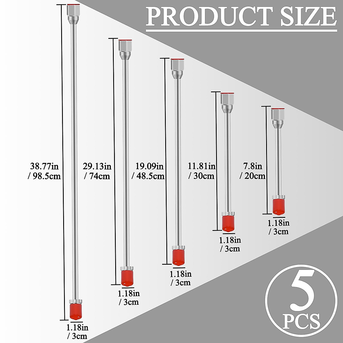 5 Pack Airless Paint Sprayer Tip Extension Pole Multi-Sizes Extension Rod,Airless Painting Spray Gun Tip Extension Pole Rod with Red Guard (7.8in+11.81in+19.09in+29.13in+38.77in)
