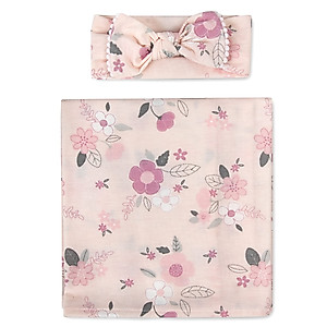 Wendy Bellissimo Super Soft Swaddle Receiving Blanket (35x40) with Hat or Headband for Baby Boy or Baby Girl (Pink Floral)