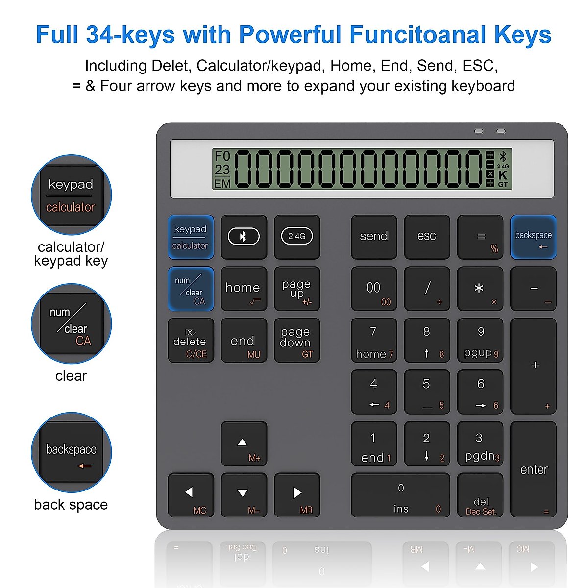 Bluetooth Number Pad - 2.4G Wireless Numeric Keypad with Display Calculator - Wireless Number Pad Slim 34-Key Portable Financial Accounting Numpad Data Entry & Calculation 2in1 for Laptop Desktop PC