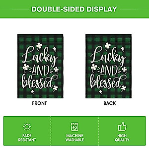AVOIN colorlife Lucky and Blessed Watercolor Buffalo Plaid Shamrock House Flag Double Sided, St Patricks Day Yard Outdoor Flag 28 x 40 Inch