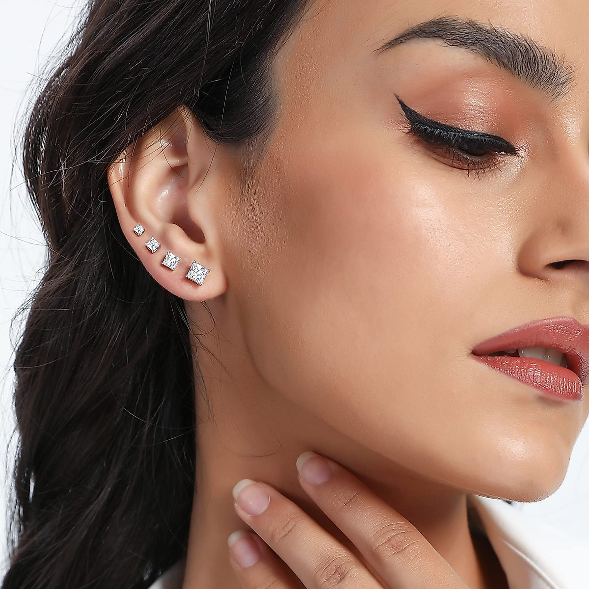 4 Pairs 925 Sterling Silver Square Stud Earring Set, 18K White Gold Plated Princess Cut Clear Cubic Zirconia Hypoallergenic Earrings Pack for Women and Men