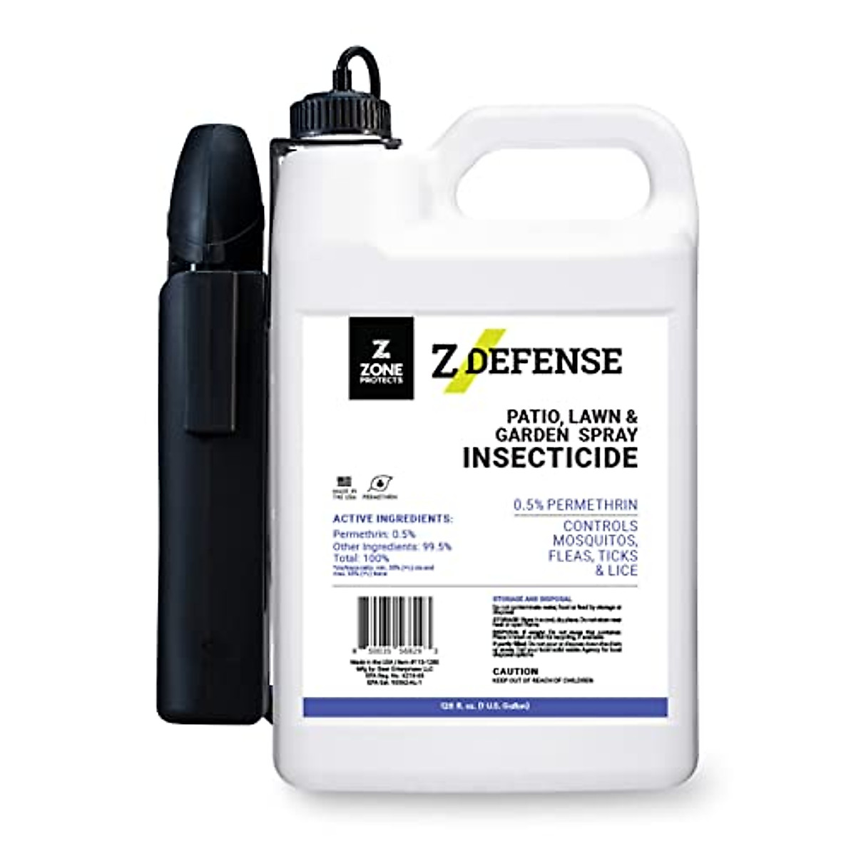 Z-Defense Patio, Lawn and Garden Spray Permethrin Insecticide, Gallon with Battery Operated Wand/Sprayer. Permethrin Based Pesticide Kills Ticks, Fleas, Flies, Spiders, Ants and Mosquitoes.