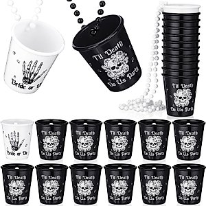 12 Pcs Bride or Die Bachelorette Party Shot Glass Beaded Necklace Till Death Do Us Party Plastic Shot Glass Halloween Gothic Skull Cup Decor for Wedding Bridal Shower Bachelorette Party Supplies