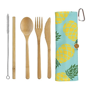 Totally Bamboo Take Along Reusable Bamboo Utensil Set with Straw, Dishwasher Safe, Pineapple Design