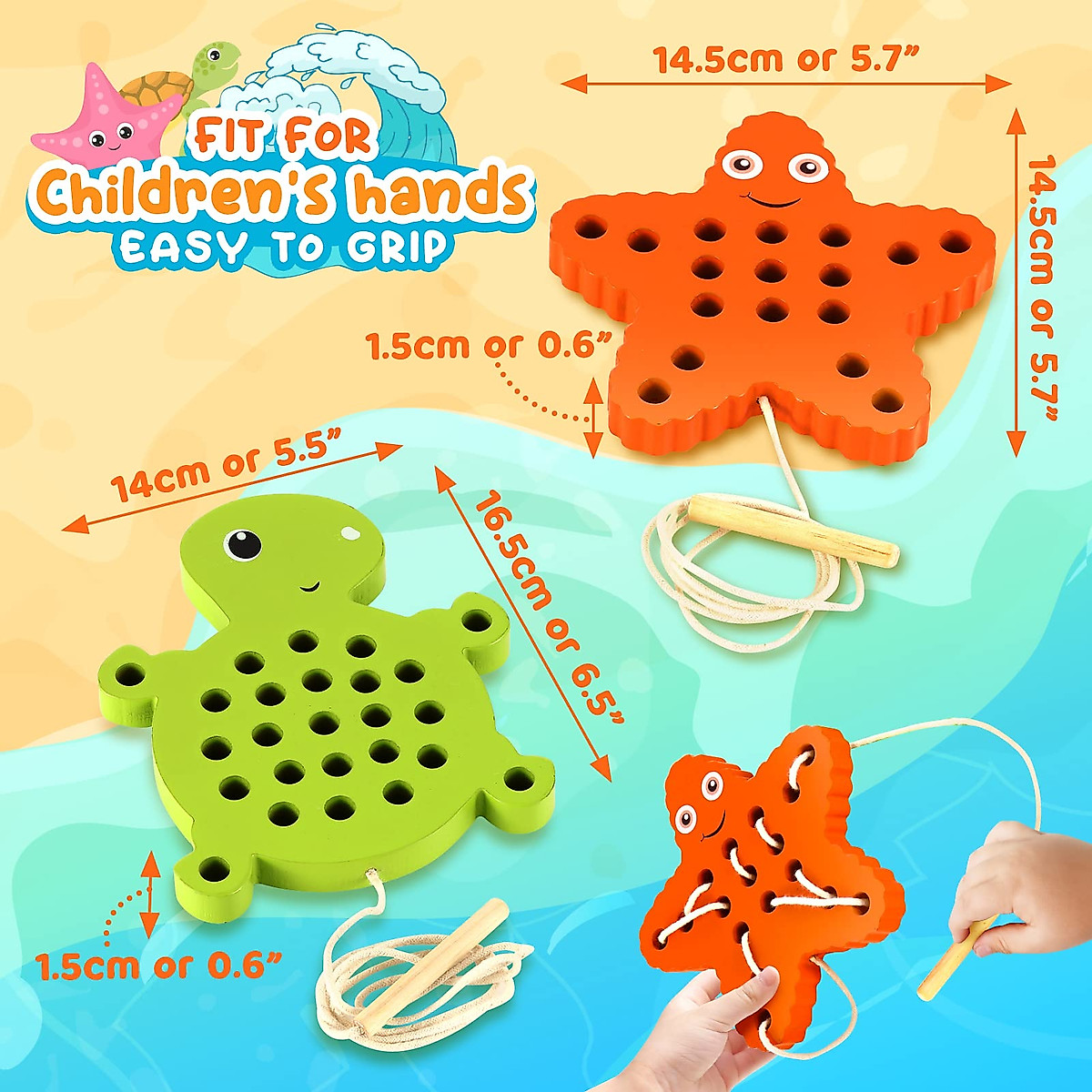 KLT Wooden Lacing Threading Toys for Toddlers Fine Motor Skills, 1 Turtle 1 Starfish Car Airplane Toddler Travel Toys, Wood Puzzle Educational Gifts Learning Montessori Toys for 3, 4, 5 Years Old Kids