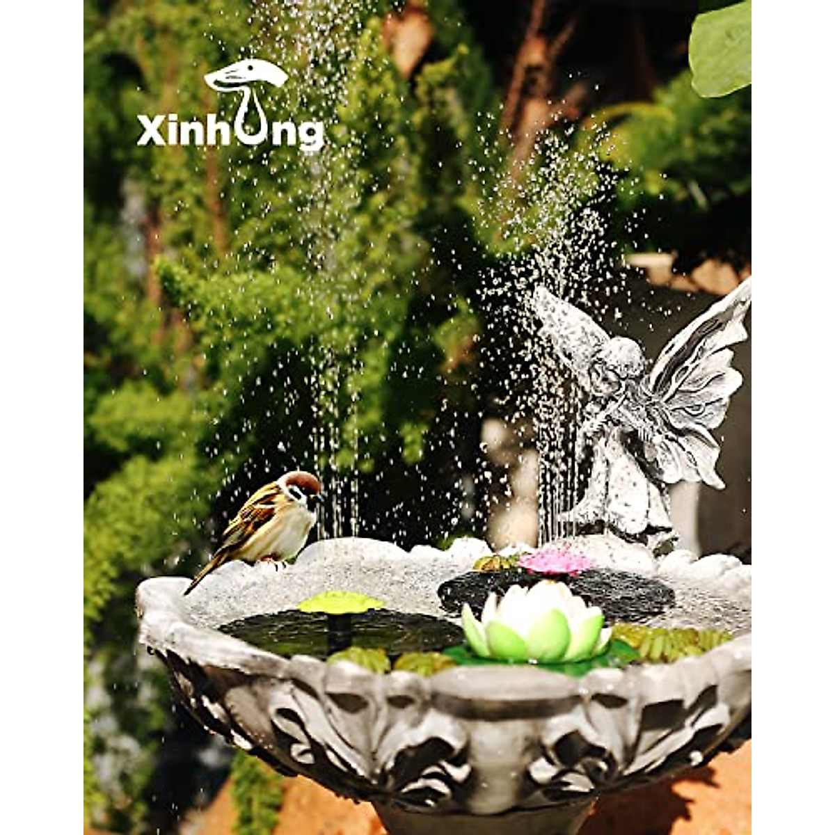 Xinhong 3W Solar Bird Bath Fountain Pump, Solar Fountain Pump for Bird Bath with 6 Nozzles, 6.3" Water Fountain Pump Outdoor Watering Submersible Pump for Pond, Pool, Garden, Fish Tank
