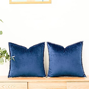 GAWAMAY Gray Throw Pillow Covers 16x16 Inch Soft Navy Blue Velvet Pillow Cover with Modern Chenille Edge, Winter Farmhouse Decorative Pillow Caces for Holiday Living Room Sofa Couch Beding (40x40cm)